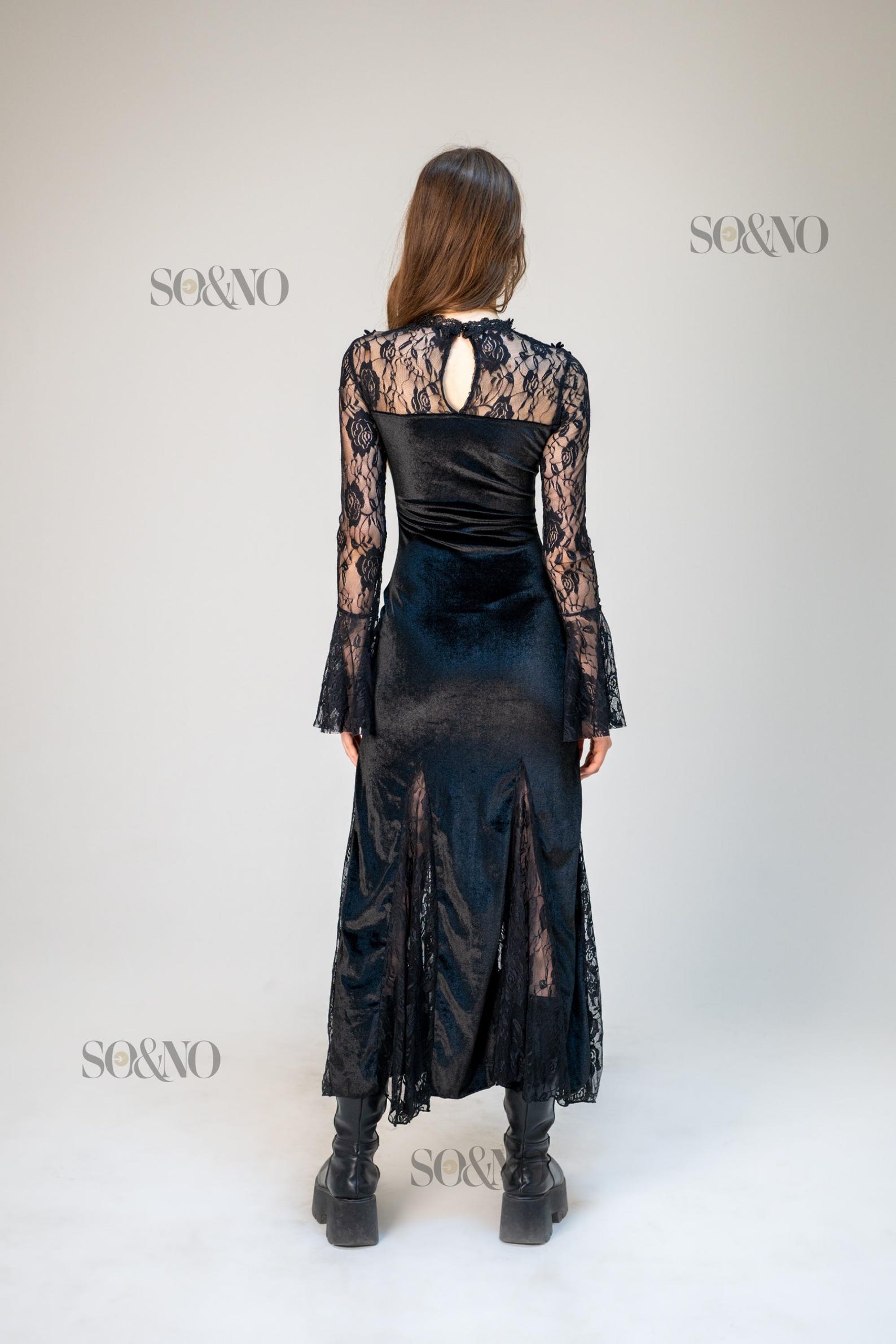 Gothic Lace Long Black Dress, Velvet Flare Sleeve Maxi Dress Floral ...