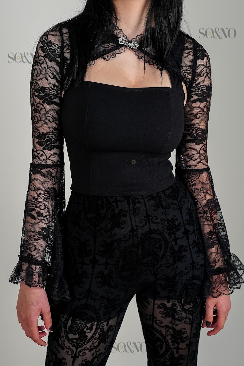 Gothic Black Lace Sleeve Crop Top Women Victorian Witchy Style Alt ...