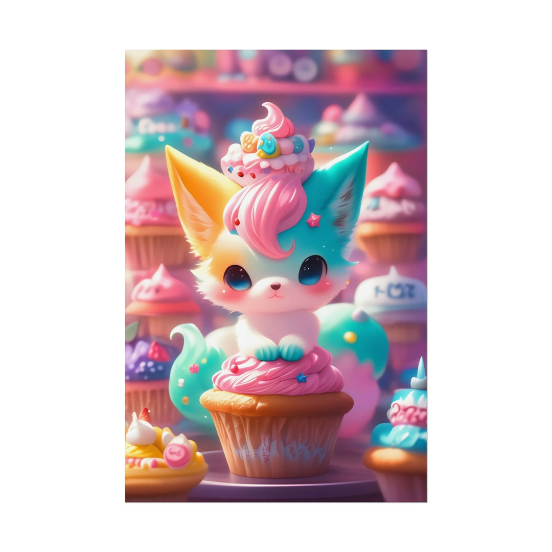 Kiku the Cupcake Kitsune Kawaii Fox Art Poster, Cute Nursery Decor ...