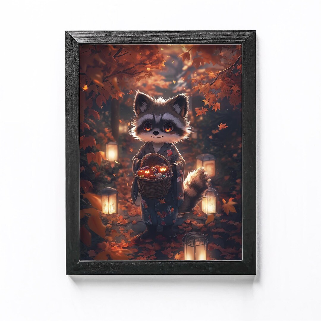 Anime Tanuki Yukata Rolled Posters Wall Art, Cute Halloween Decor ...