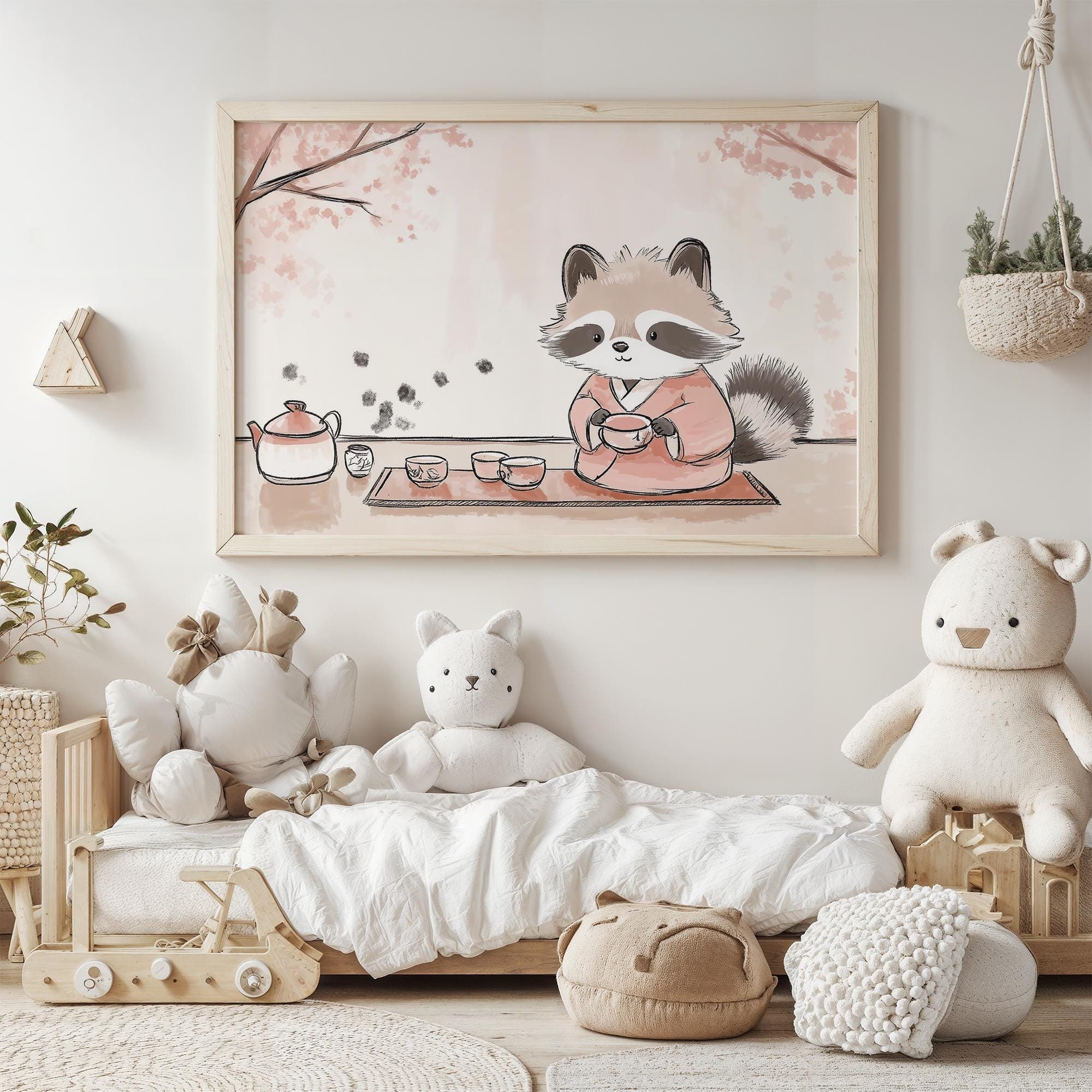 Tea Time With Tanuki Japanese-inspired Cozy Kids Room Kawaii Wall Art ...