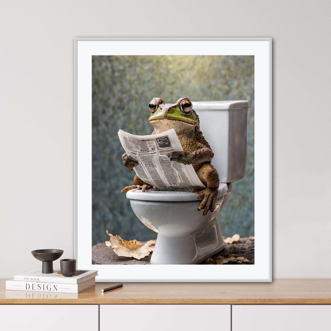 Frog on the Toilet, AI Generated, Toilet Animals, Frog, Newspaper ...