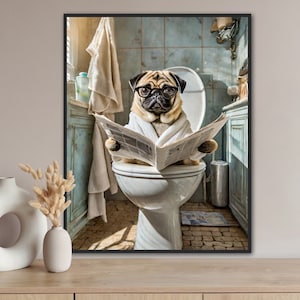 Mops auf dem WC, KI generiert, WC Tiere, Zeitung, tierisches Porträt, Digi Art, Poster, lustiges ...