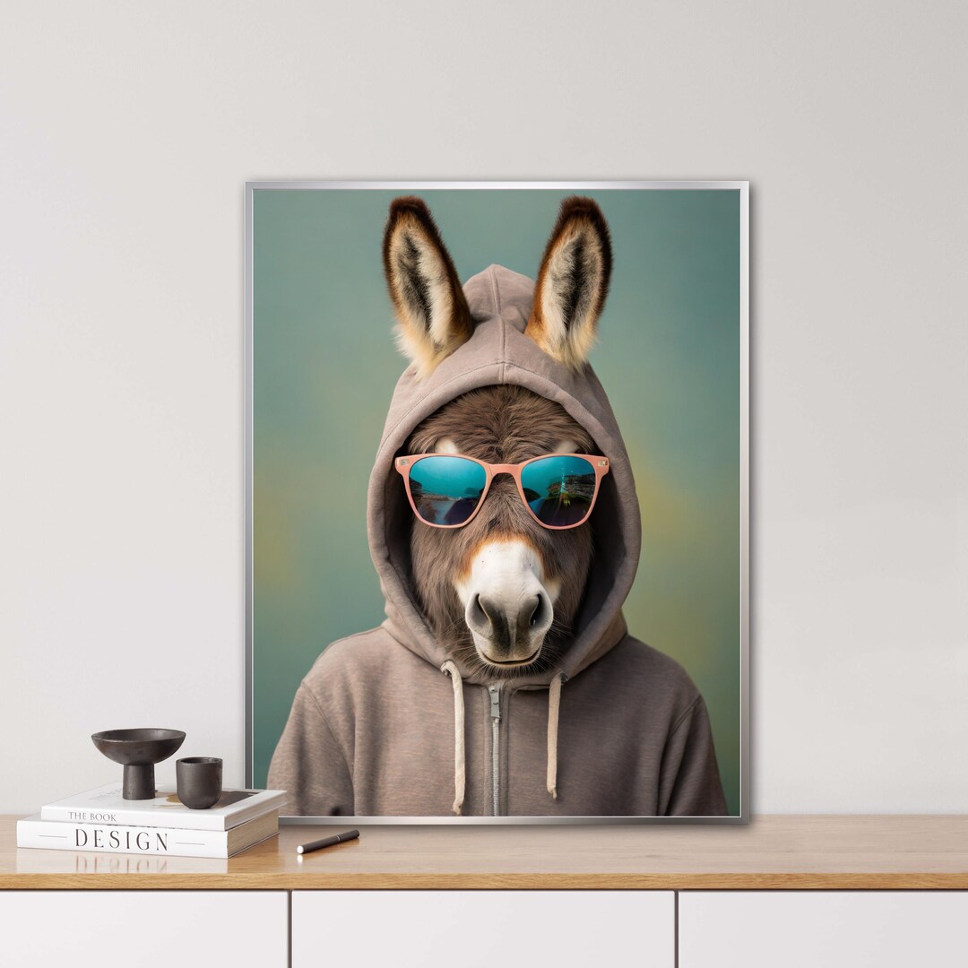 Esel im Hoodie, KI generiert, Sonnenbrille, tierisches Porträt, Digi ...