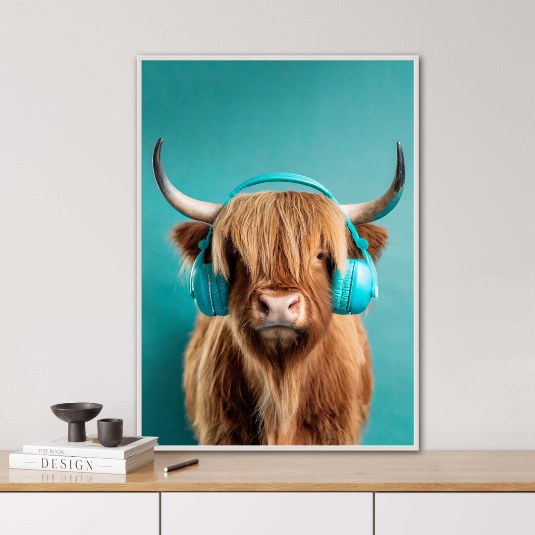 Highland Cow, Headphones, Turquoise, Animal Portrait, Digi Art, Poster ...