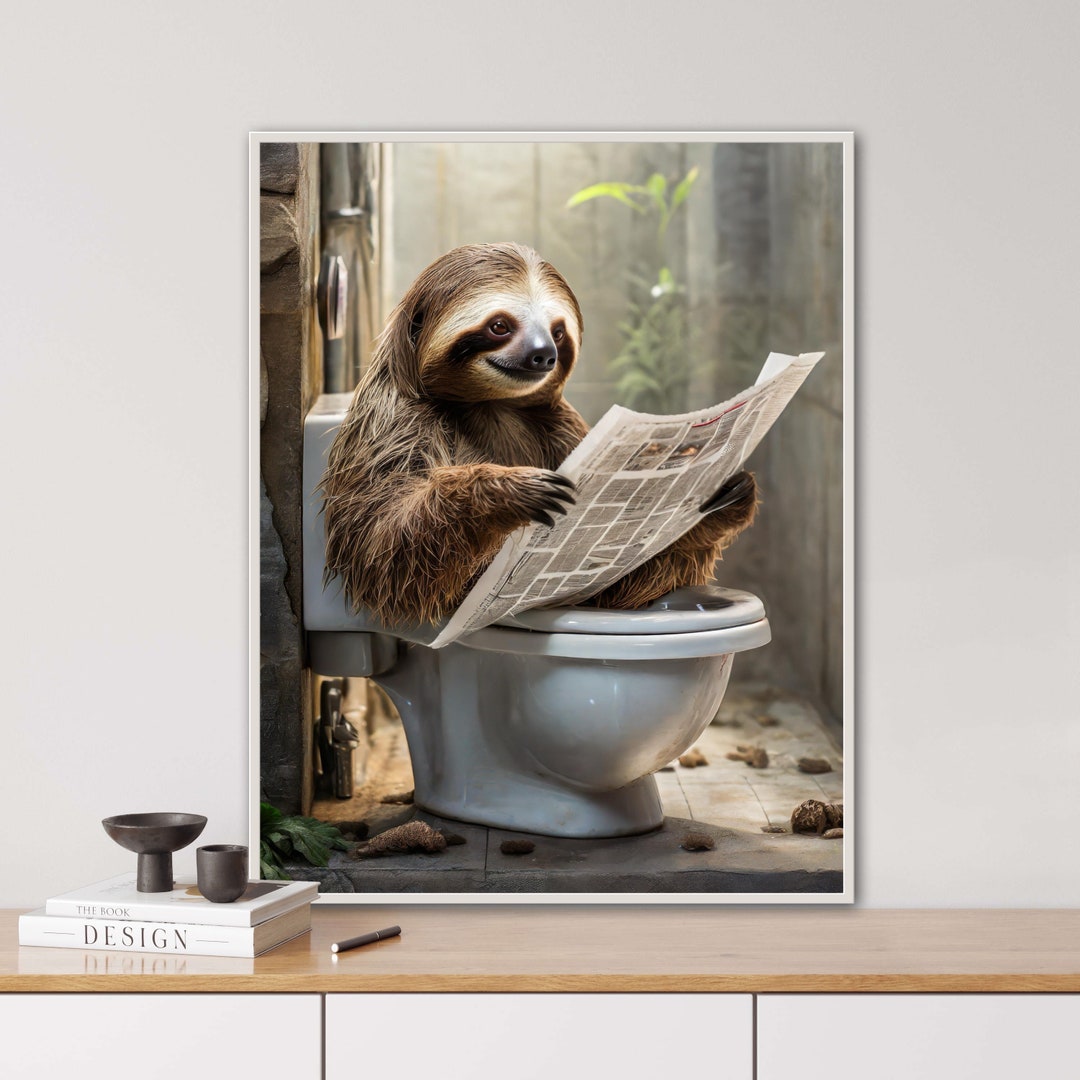 Sloth on the Toilet, AI Generated, Toilet Animals, Newspaper, Vintage ...