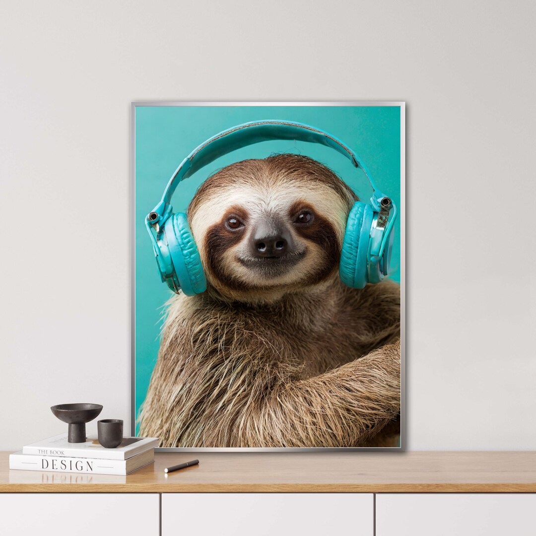 Faultier mit Kopfhörern, KI generiert, Kopfhörer, türkis, tierisches ...