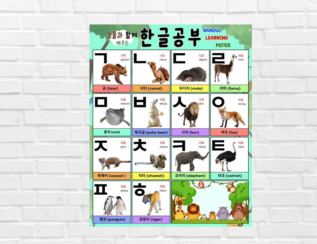 Learn Hangul With Animals – Korean Alphabet Poster for Kids & Beginners ...