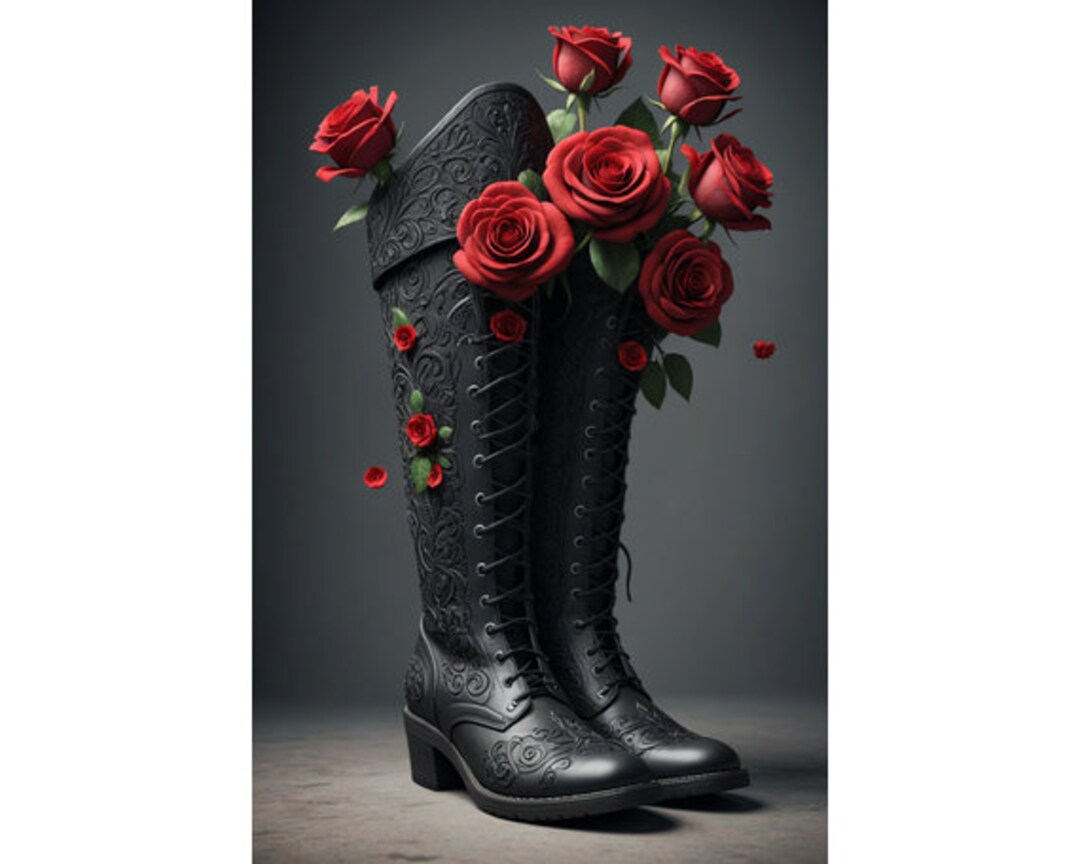 Scarlet Stomp: Red Roses in Black Boots Digital Prints Wall Art - Etsy
