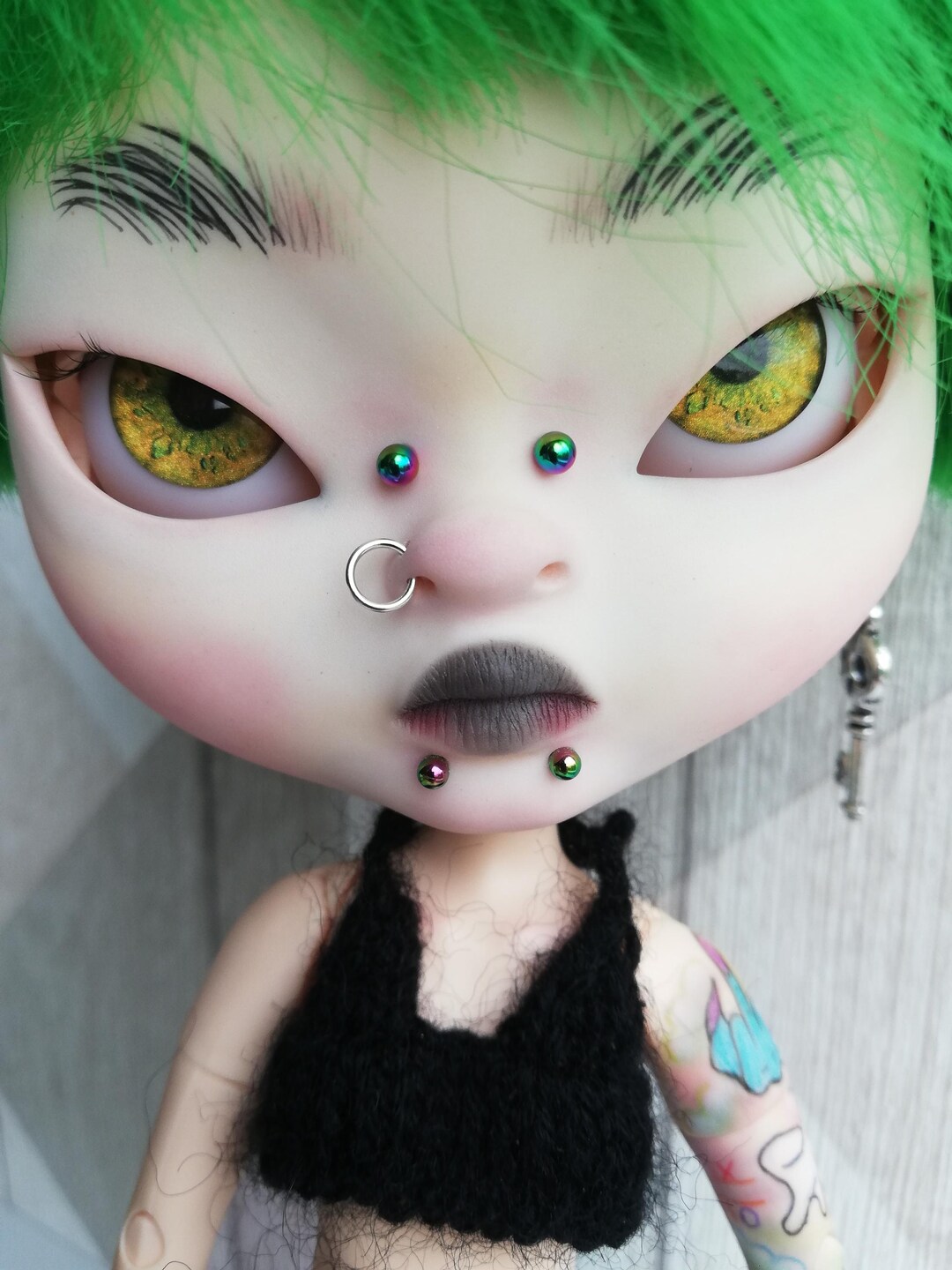 Custom Asian Blythe Doll Piercing Face Tattoo Body Green Short Hair Creepy Gothic Doll - Etsy