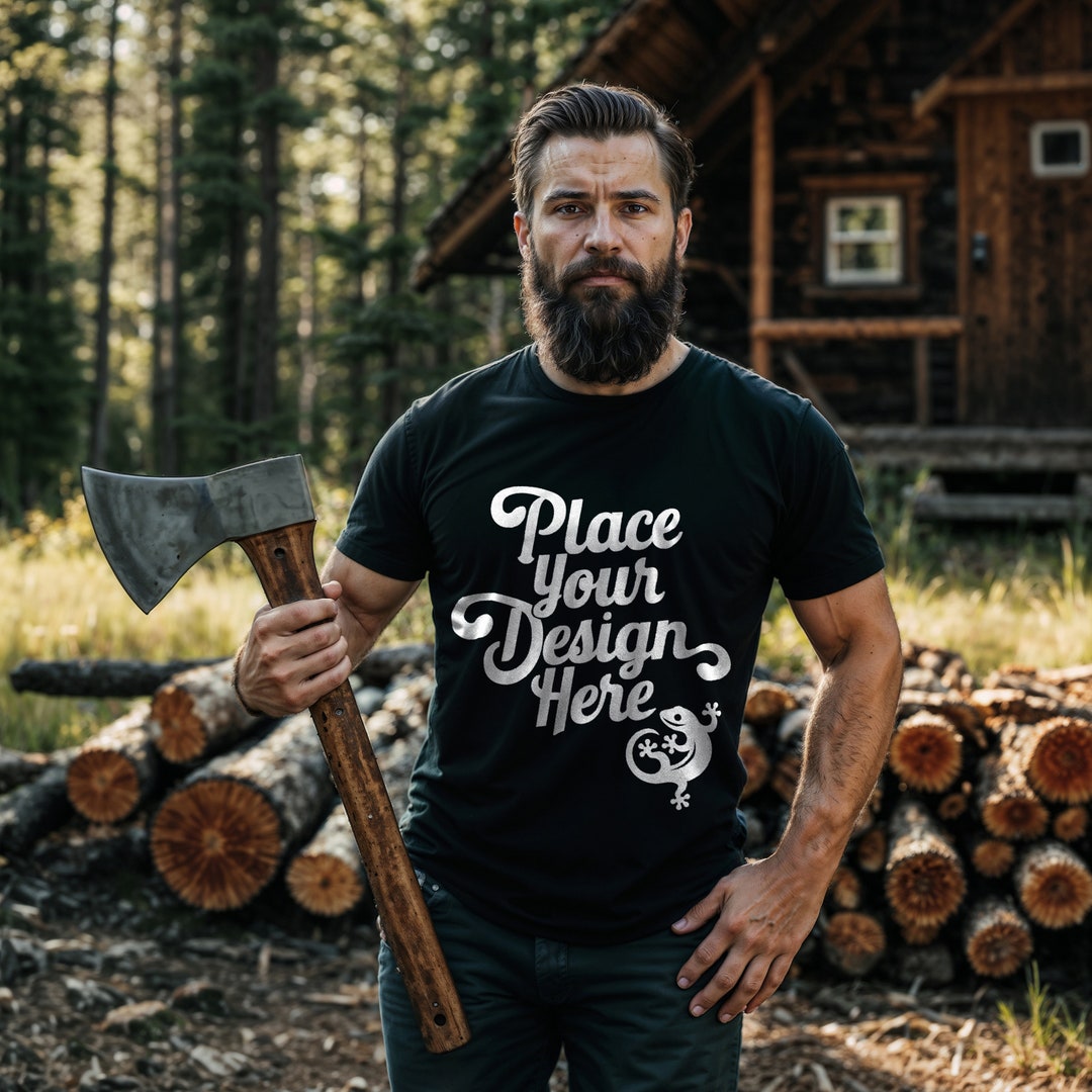 Lumberjack Mature Male Black T-shirt Mockup, Bella Canvas 3001, Gildan ...