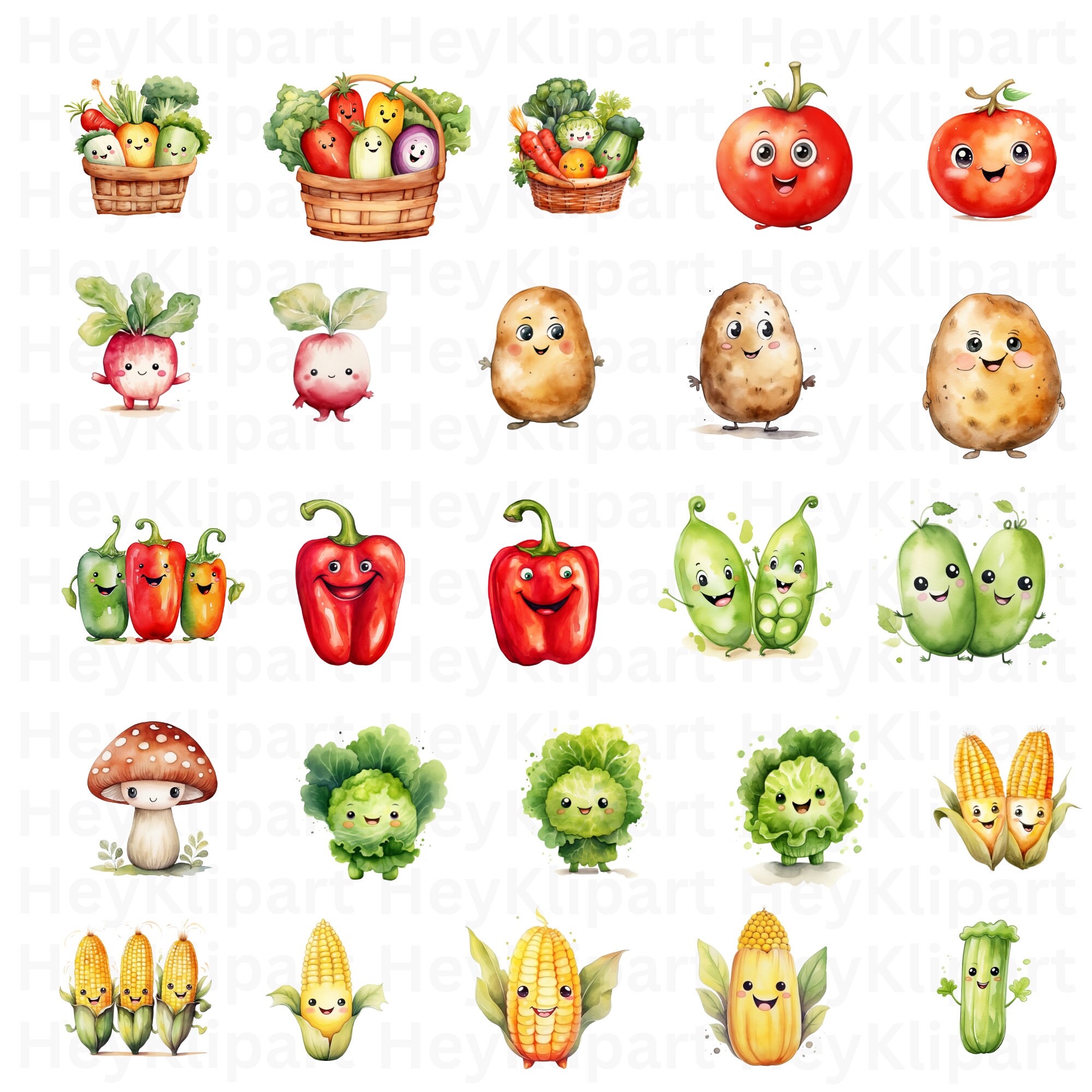 Watercolor Fruit and Vegetable Clipart - Food Clipart - Happy Fruit ...