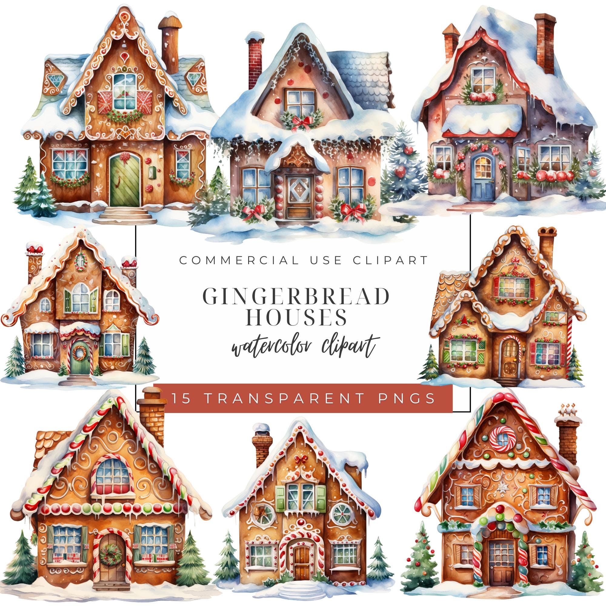 Christmas Gingerbread Houses Clipart Watercolor Holiday Clip Art ...