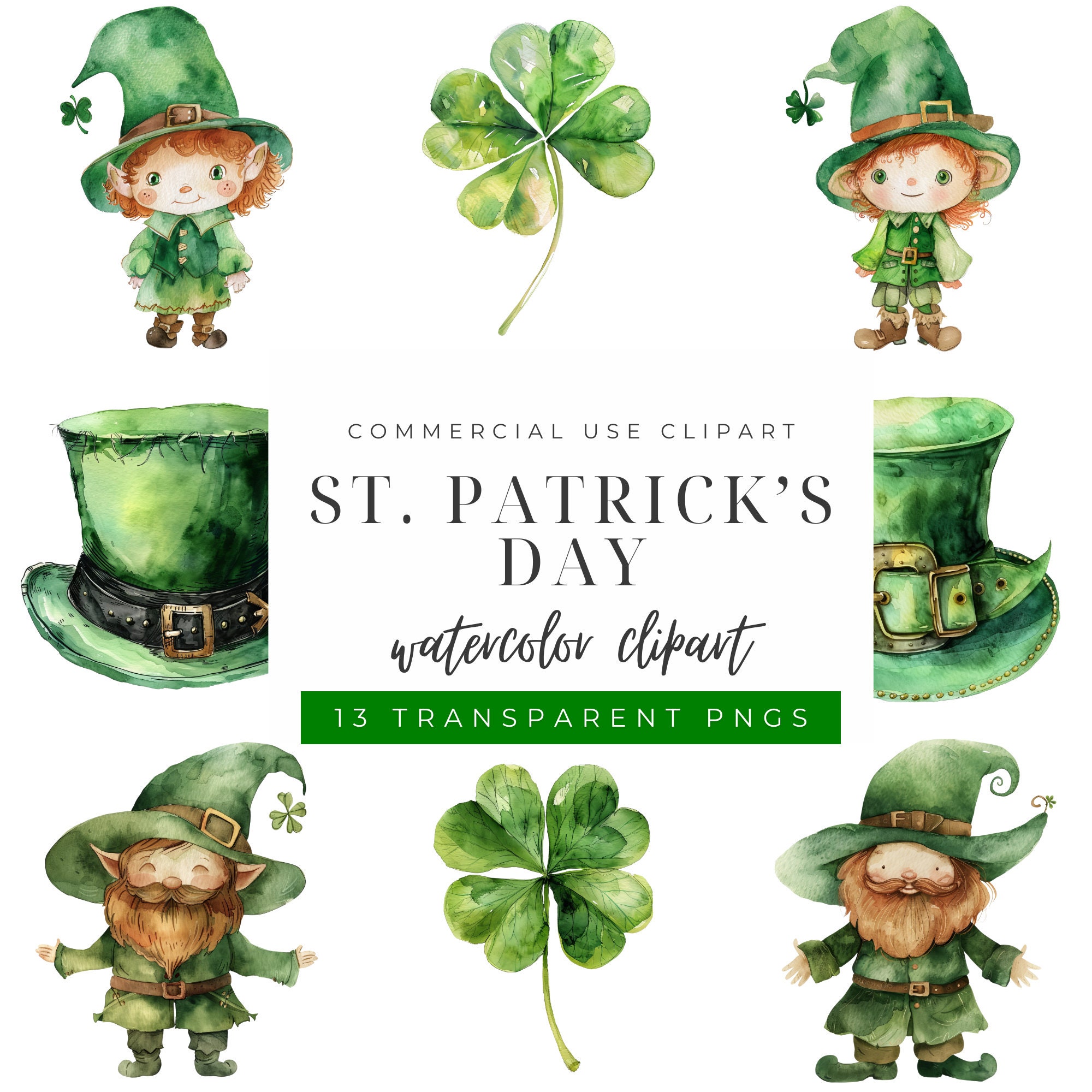 Cute St Patricks Day Clipart, Watercolor Leprechaun, 4 Leaf Clover ...