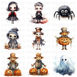 Cute Halloween Clipart - Watercolor PNG Graphics - Pumpkin Ghost Spider ...