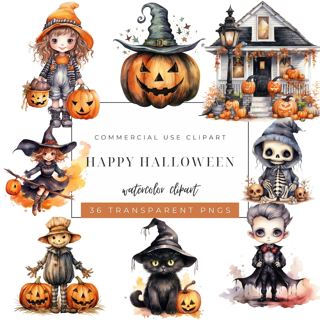 Cute Halloween Clipart - Watercolor PNG Graphics - Pumpkin Ghost Spider ...