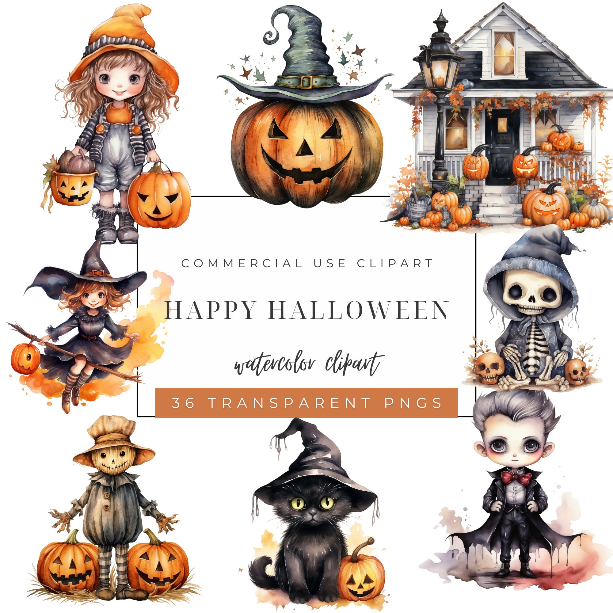 Cute Halloween Clipart - Watercolor PNG Graphics - Pumpkin Ghost Spider ...