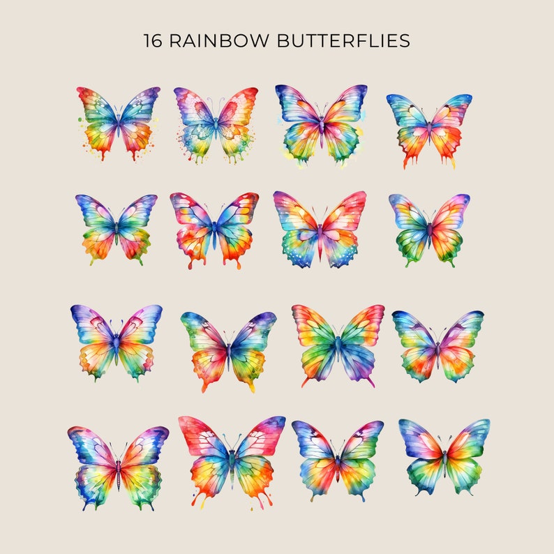 Watercolor Rainbow Butterflies Clipart Pack - Transparent Pngs ...