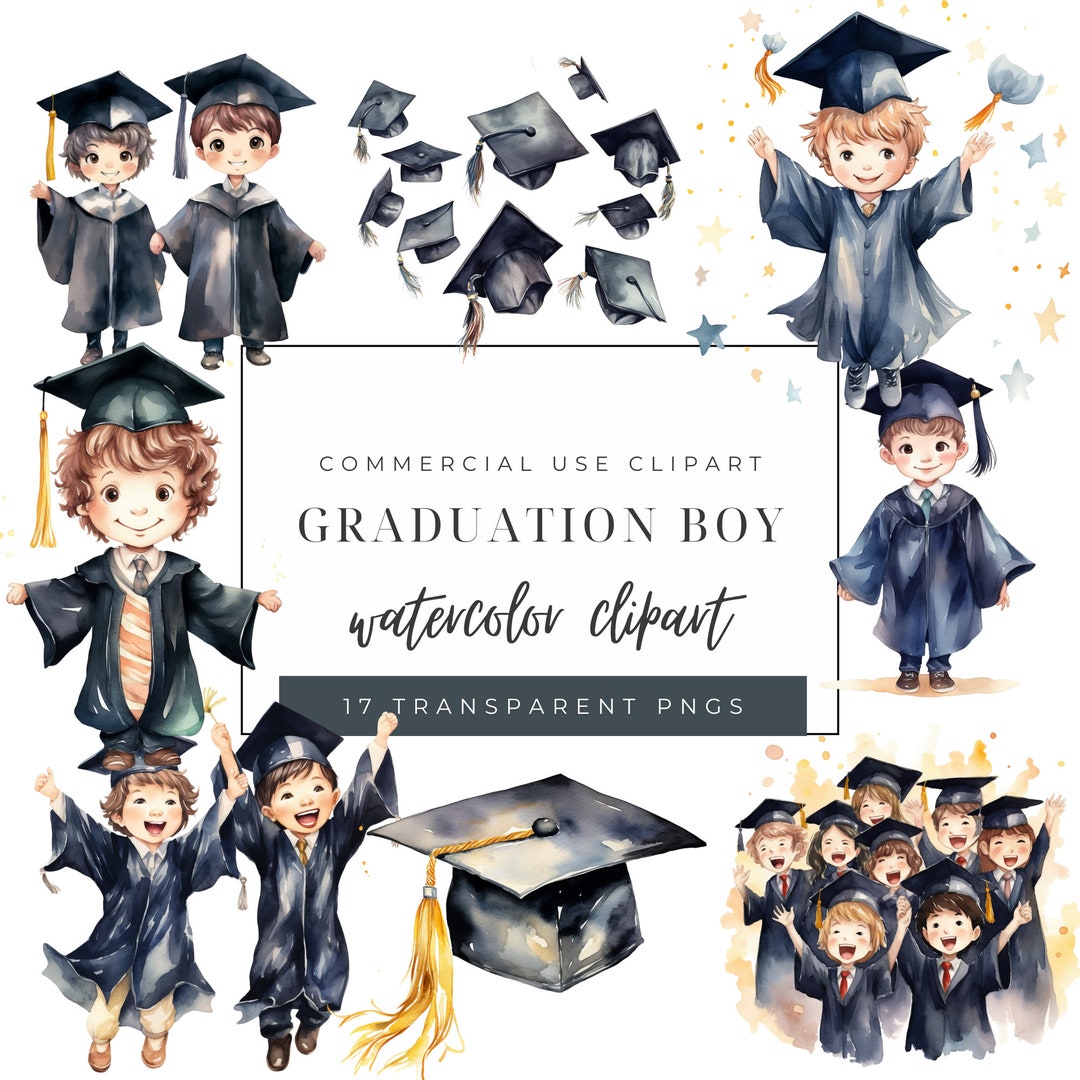 Graduation Clipart Boy Bundle Watercolor PNG Images End of the Year ...