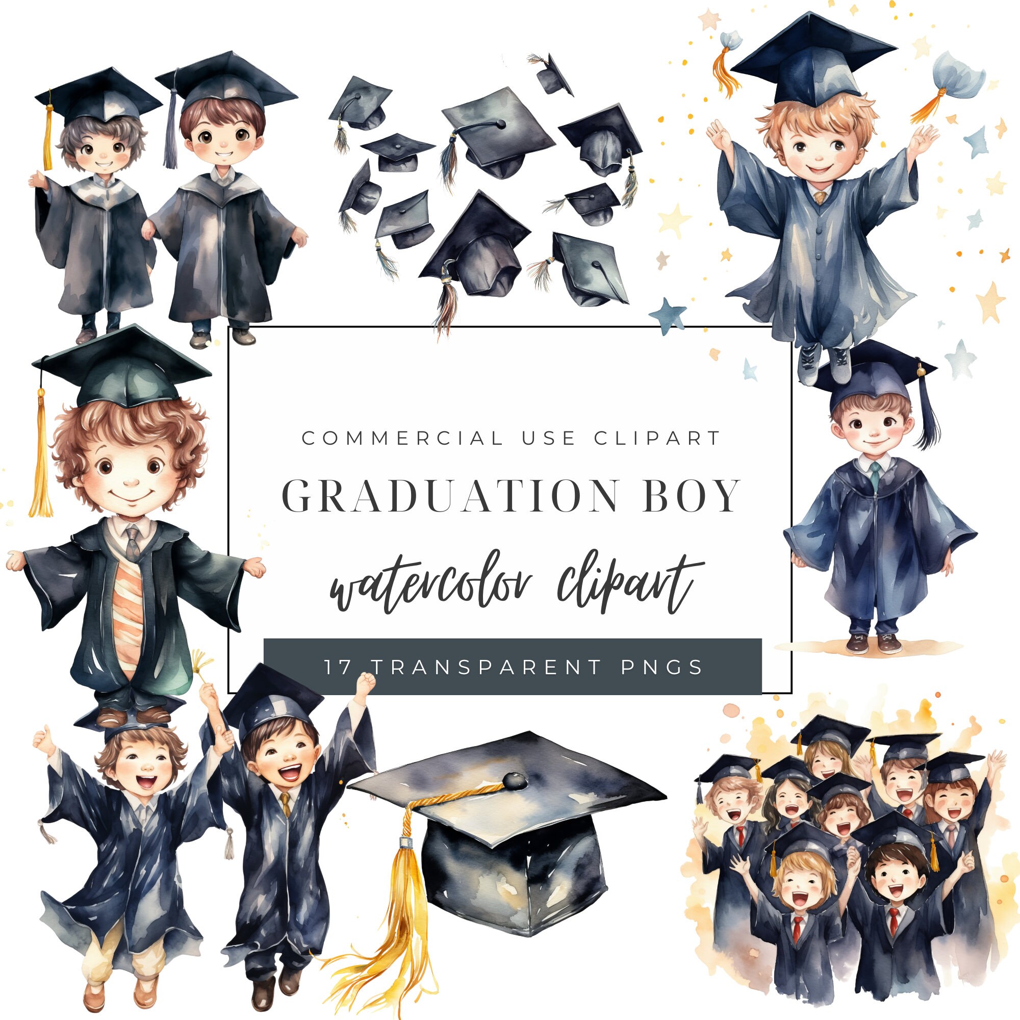 Graduation Clipart Boy Bundle Watercolor PNG Images End of the Year ...