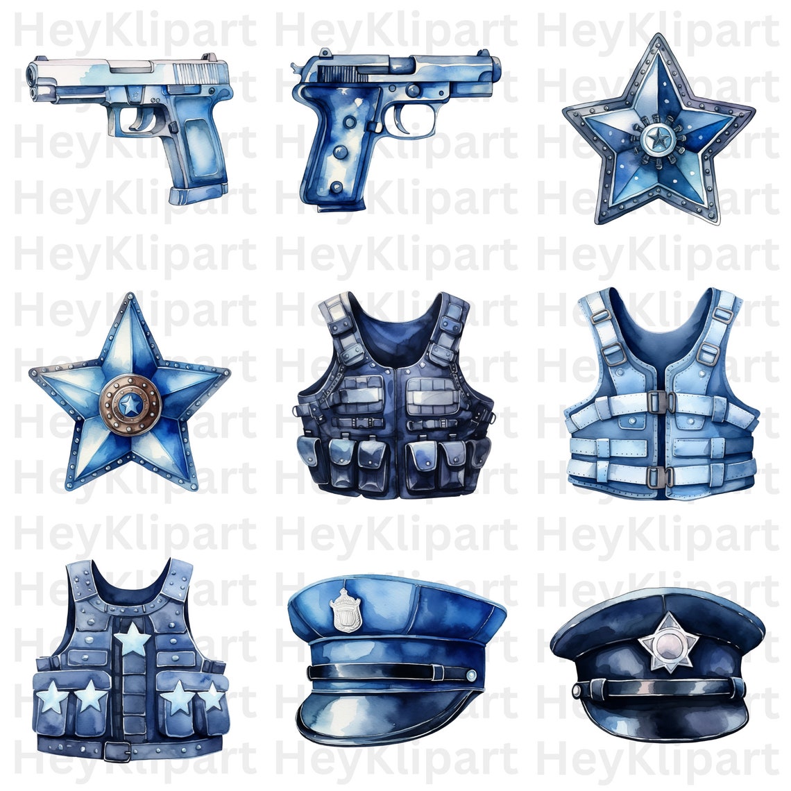 Police Watercolor Clipart, Cute Police Clipart Bundle, Police Badge ...