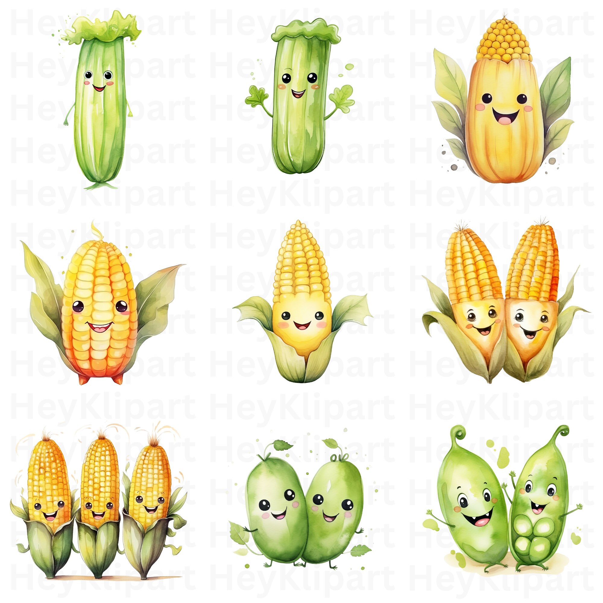 Watercolor Cute Veggies Clipart - Funny Vegetable PNG Images - Instant ...