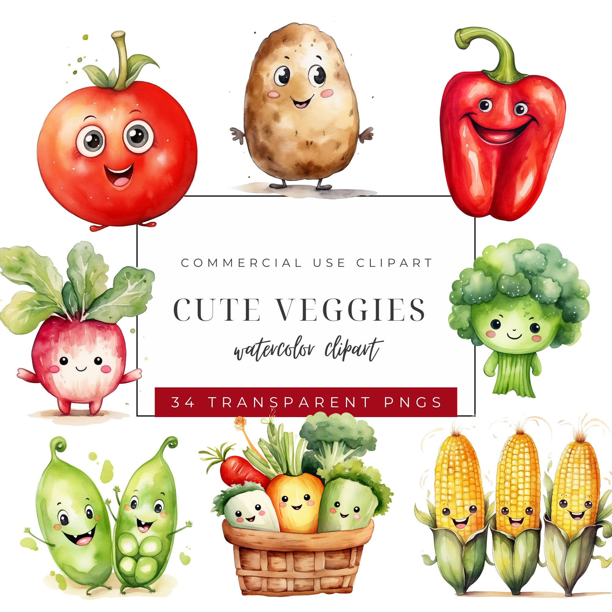 Watercolor Cute Veggies Clipart - Funny Vegetable PNG Images - Instant ...