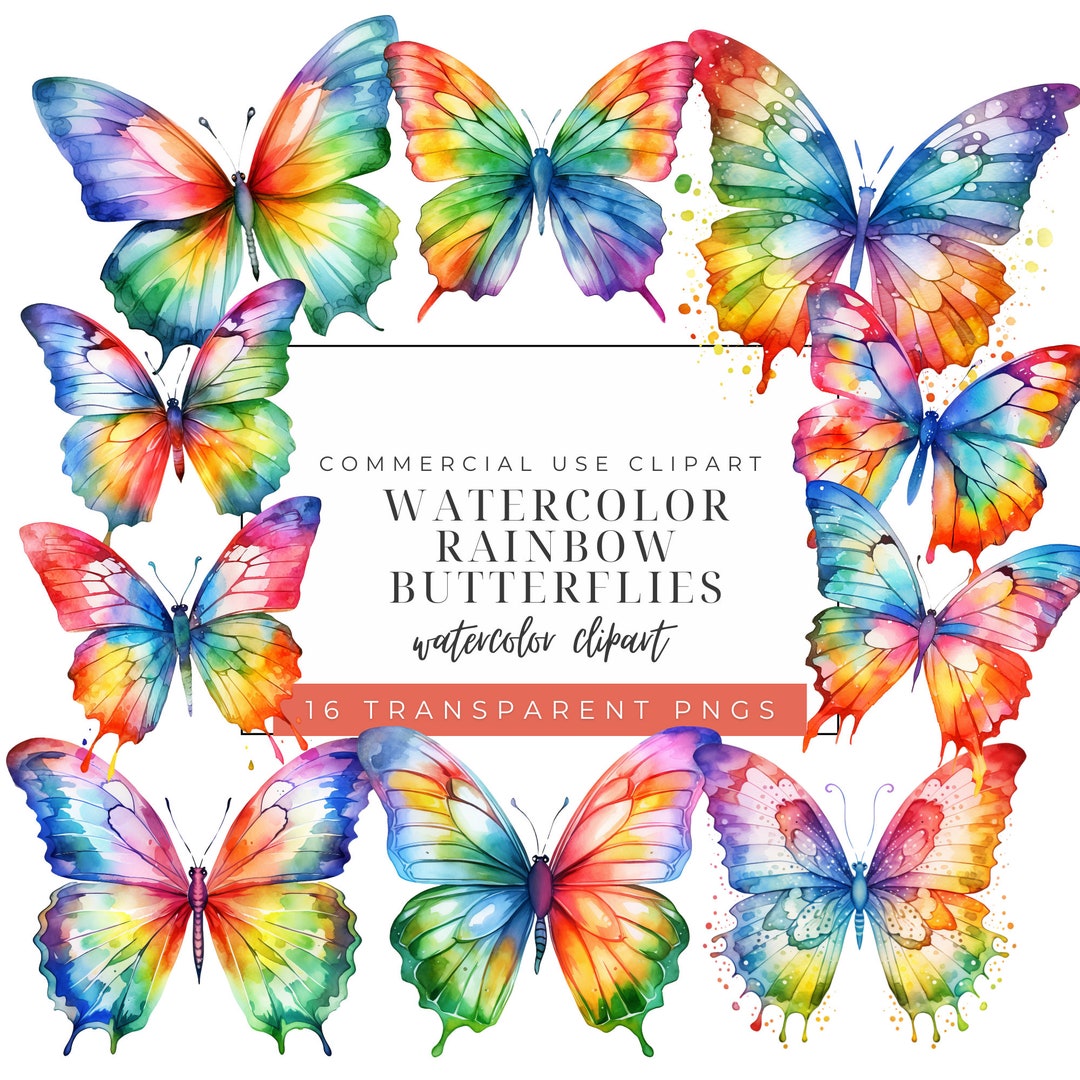 Watercolor Rainbow Butterflies Clipart Pack - Transparent Pngs ...