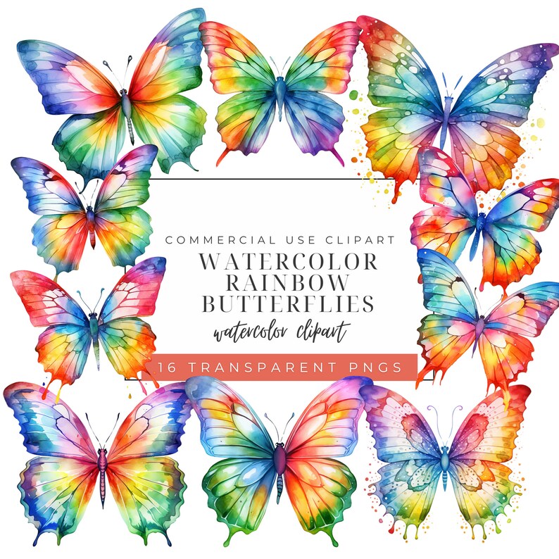 Watercolor Rainbow Butterflies Clipart Pack - Transparent Pngs ...