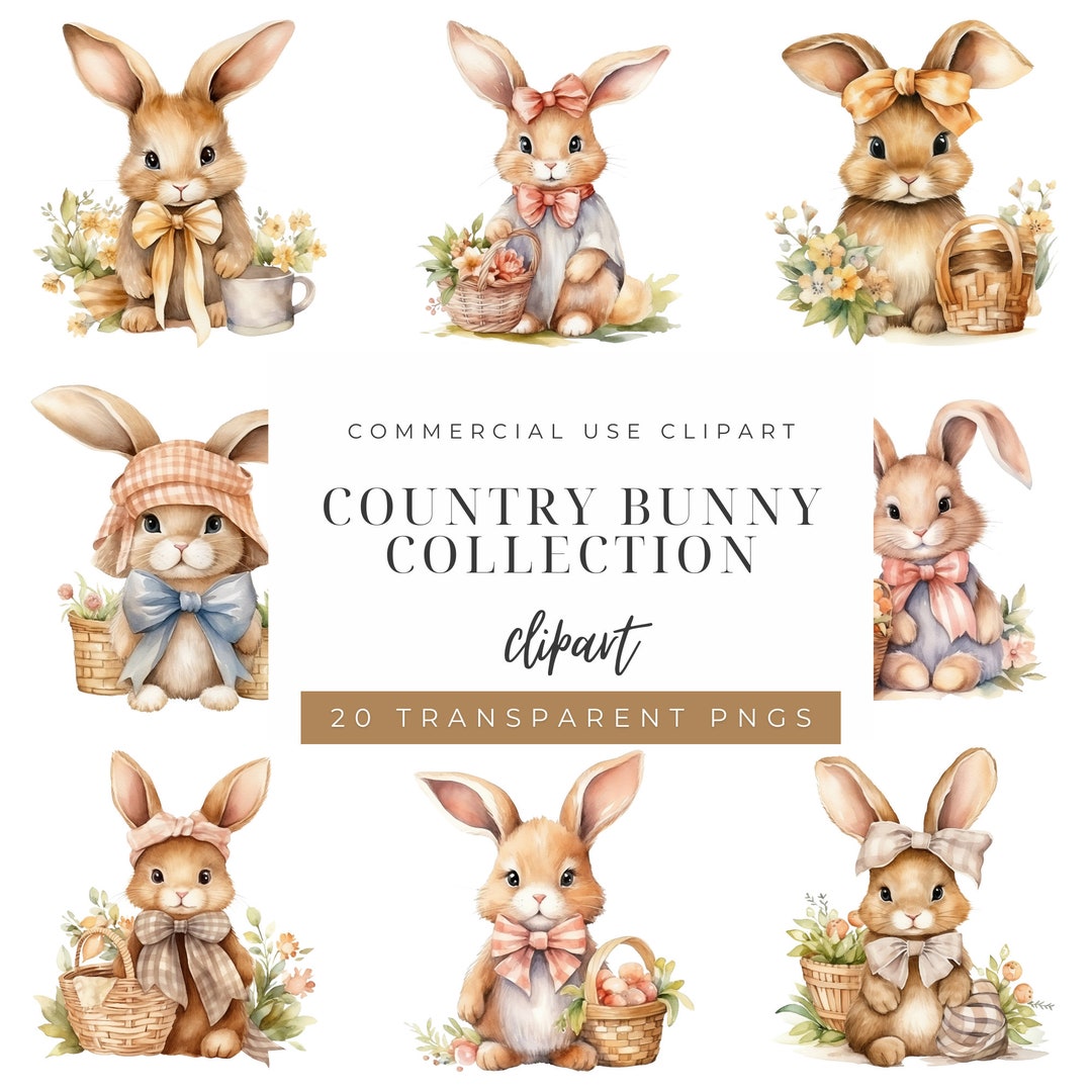 Country Farmhouse Bunny Watercolor Clipart, Instant Download ...