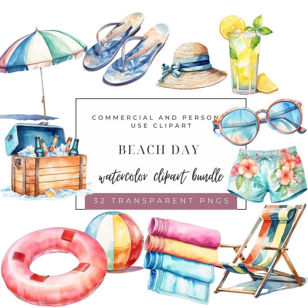 Watercolor Summer Clipart Bundle, Ocean Lover, Beach Holiday Clipart ...