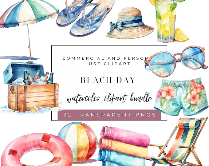 A Day at the Beach, Watercolor Summer Clipart, Travel, Girl Clipart ...