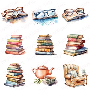 Book Lovers Watercolor Clipart Bundle, Transparent Background, Cozy ...