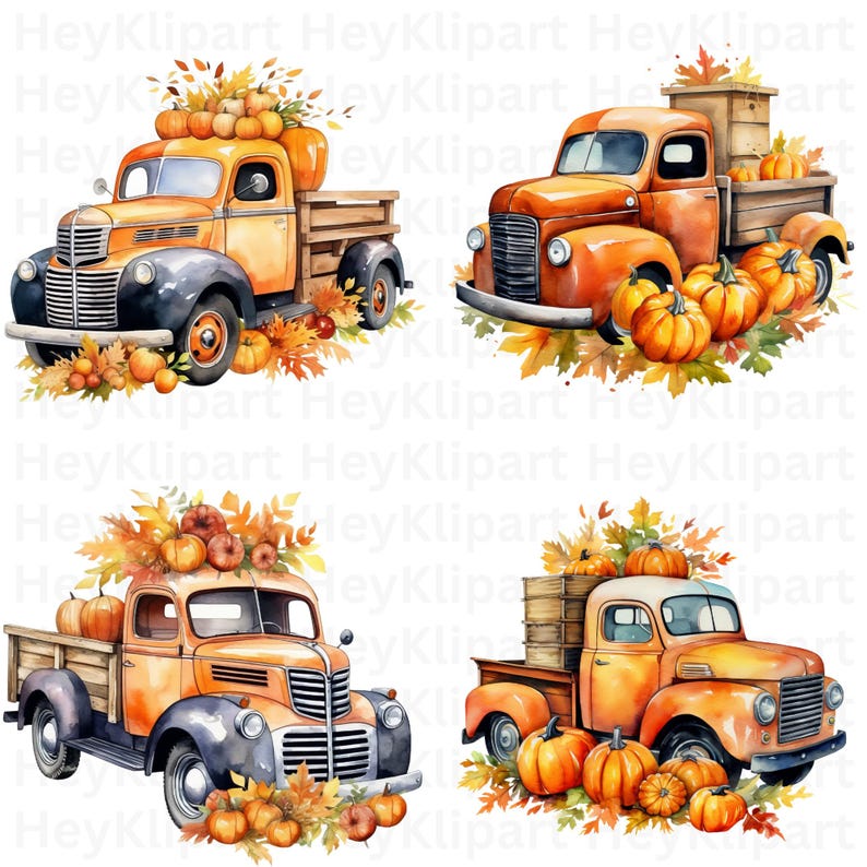 Pumpkin Pickup Truck Clipart - Watercolor Autumn Scene - Pumpkin ...