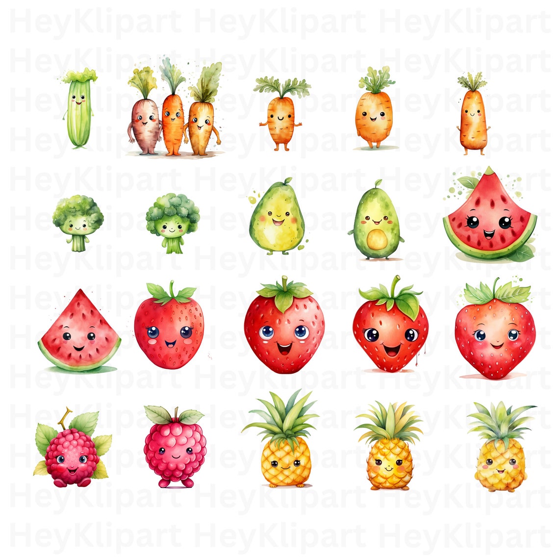 Watercolor Fruit and Vegetable Clipart - Food Clipart - Happy Fruit ...