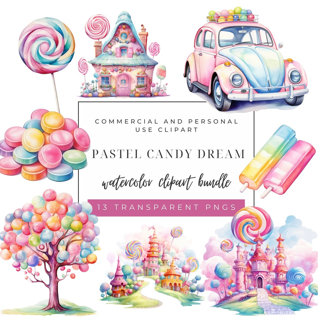 Candy Watercolor Clipart, Fantasy Candies, Pastel Birthday Clipart ...
