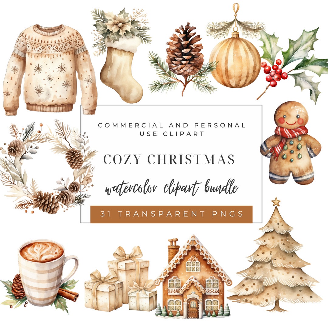 Watercolor Christmas Clipart Bundle, Cozy Christmas Clipart, Neutral ...