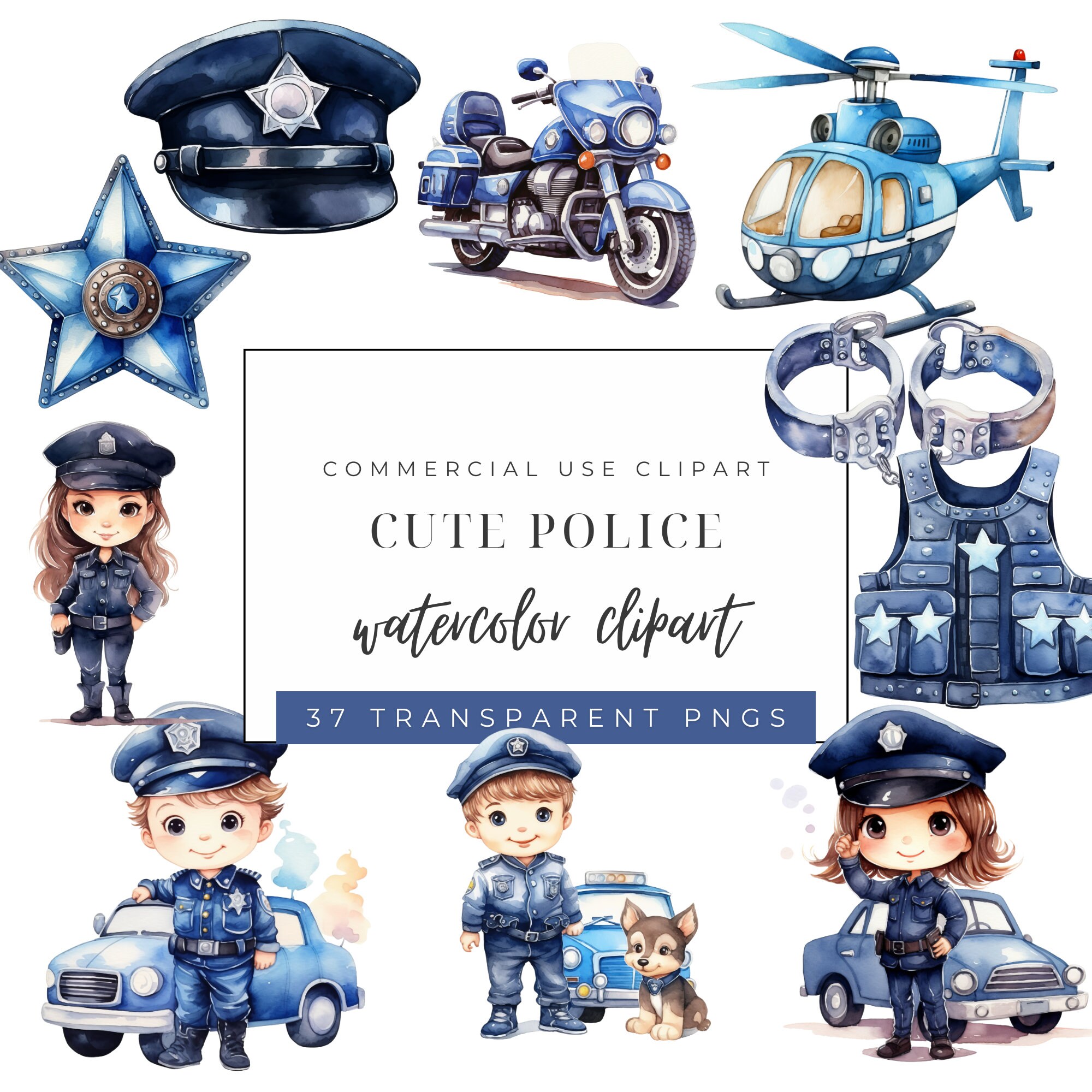 Police Watercolor Clipart, Cute Police Clipart Bundle, Police Badge ...