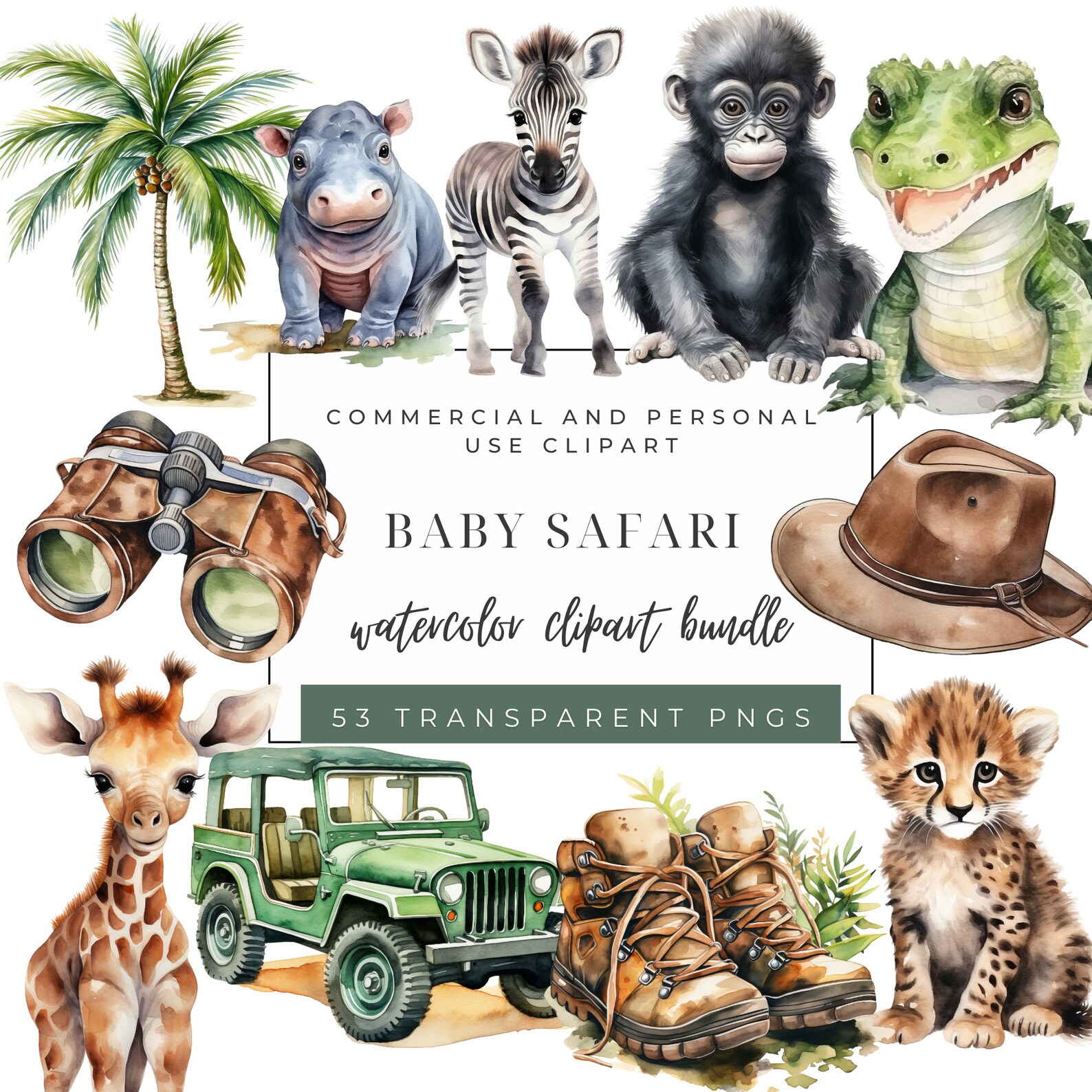 Safari Animals Clipart Watercolor, Cute Jungle Animals Clipart, Safari ...