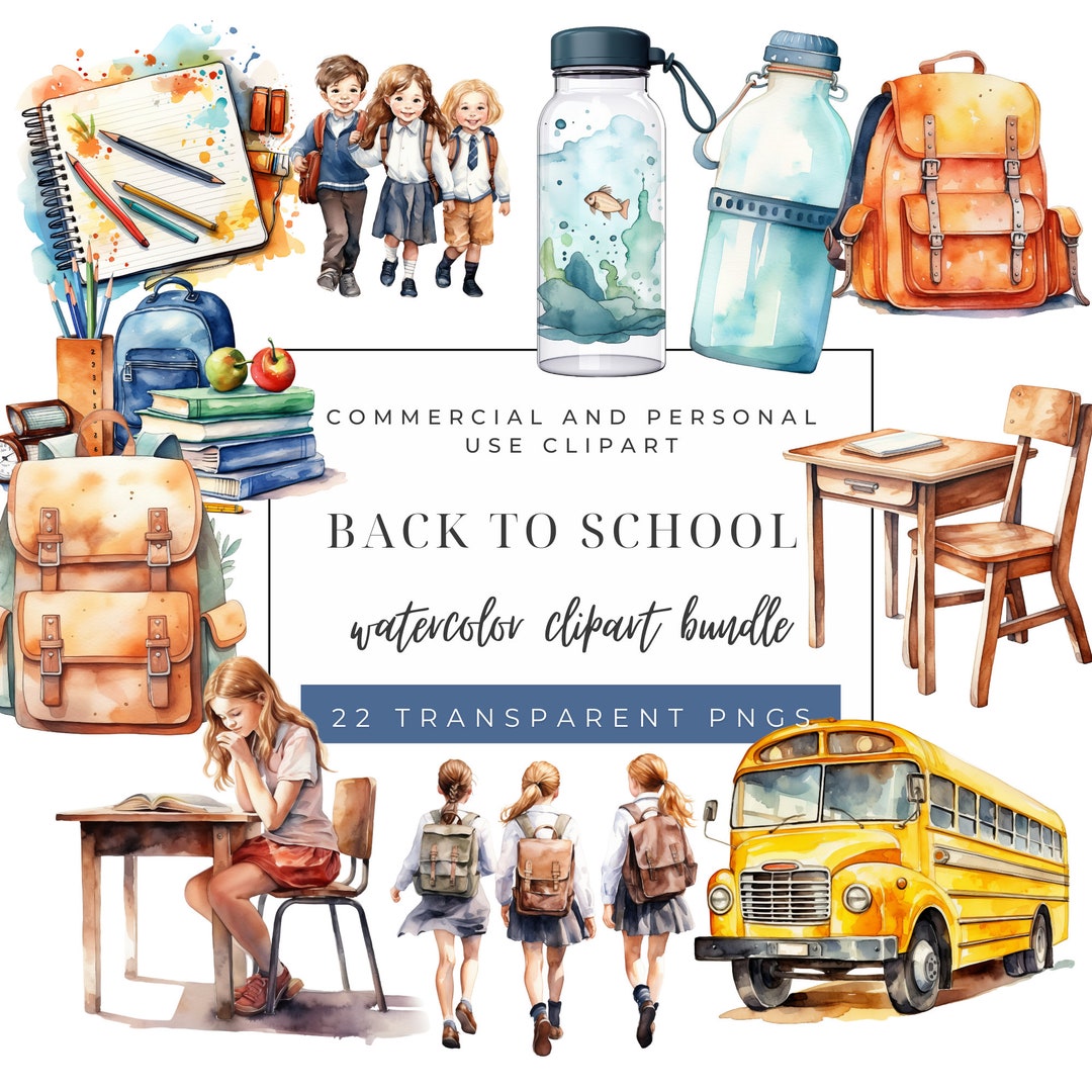Watercolor Back to School Clipart, School Bus, Backpack, Pencil ...