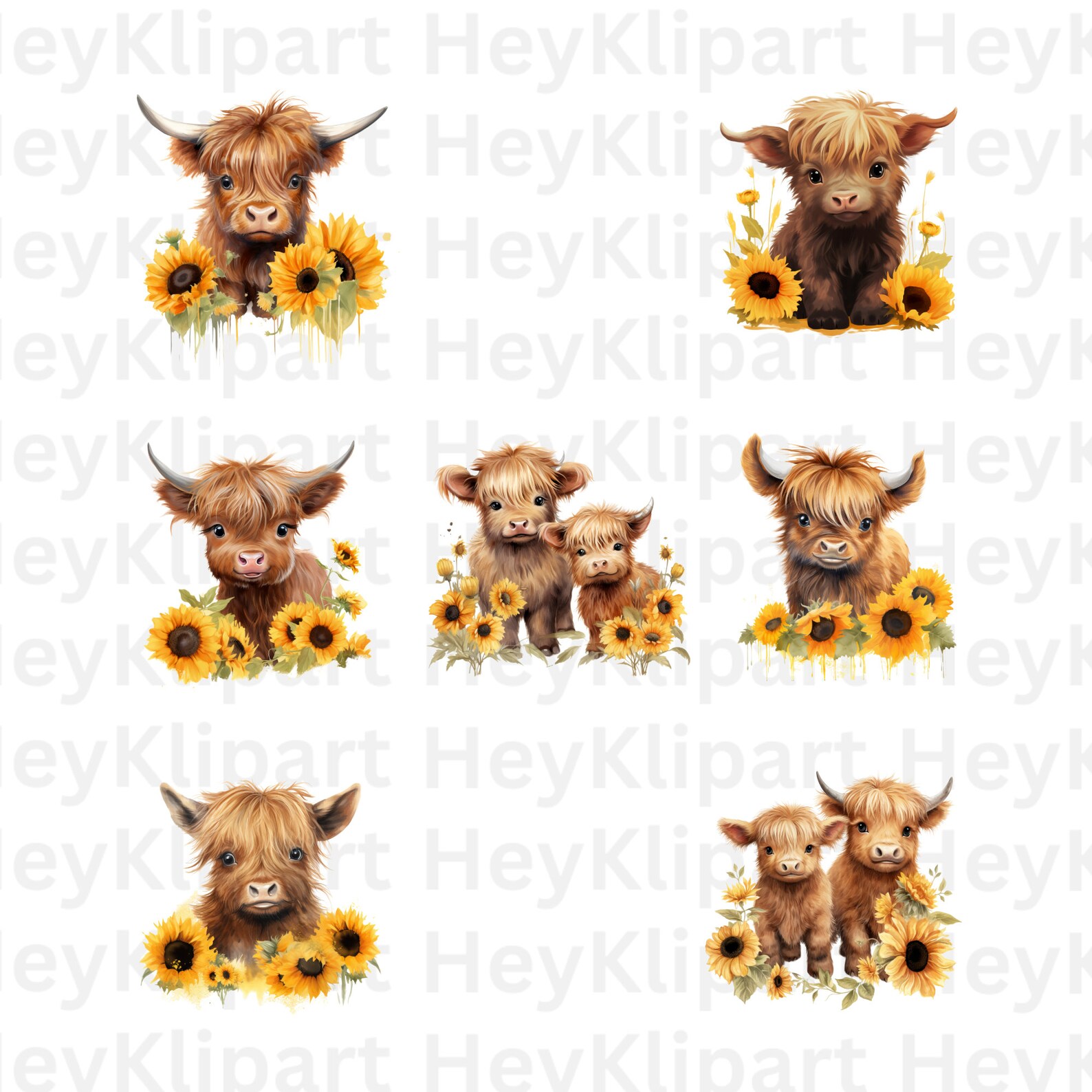 Watercolor Sunflower Highland Cows Clipart, Baby Animal, Baby Cow ...