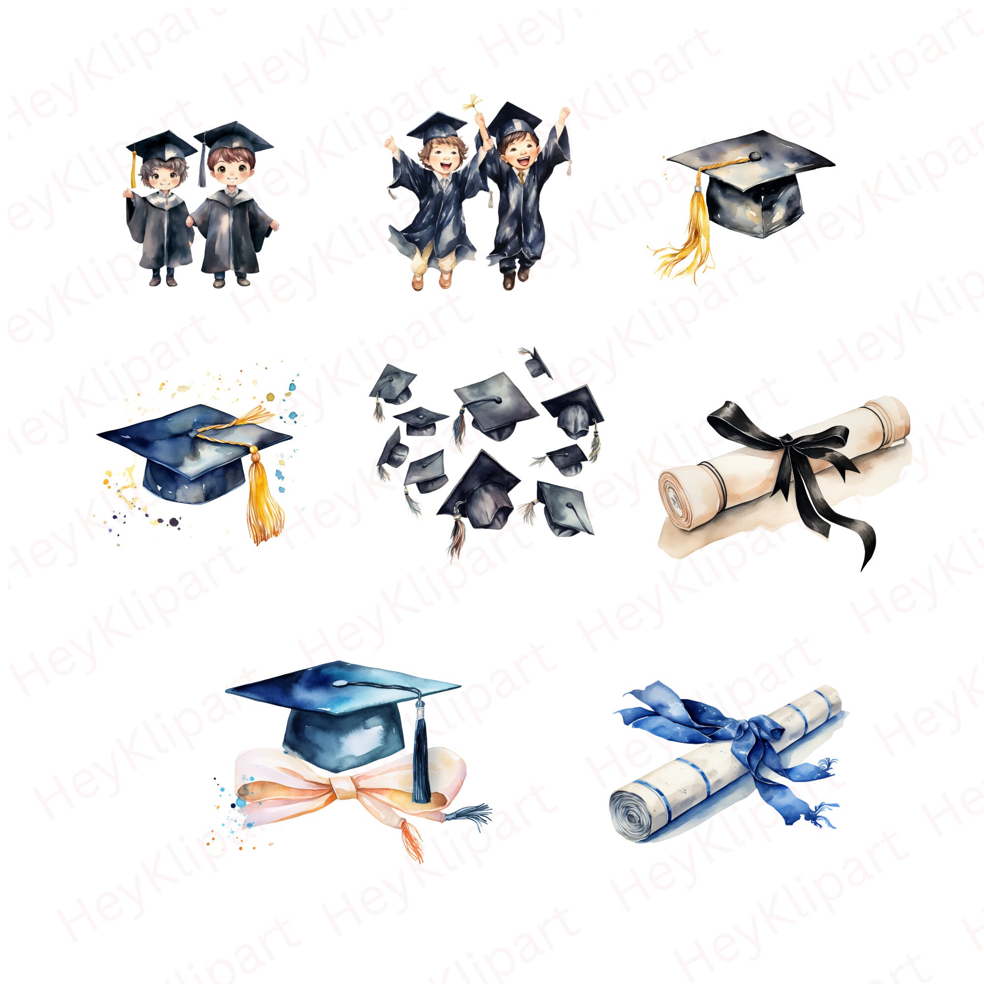 Graduation Clipart Boy Bundle Watercolor PNG Images End of the Year ...