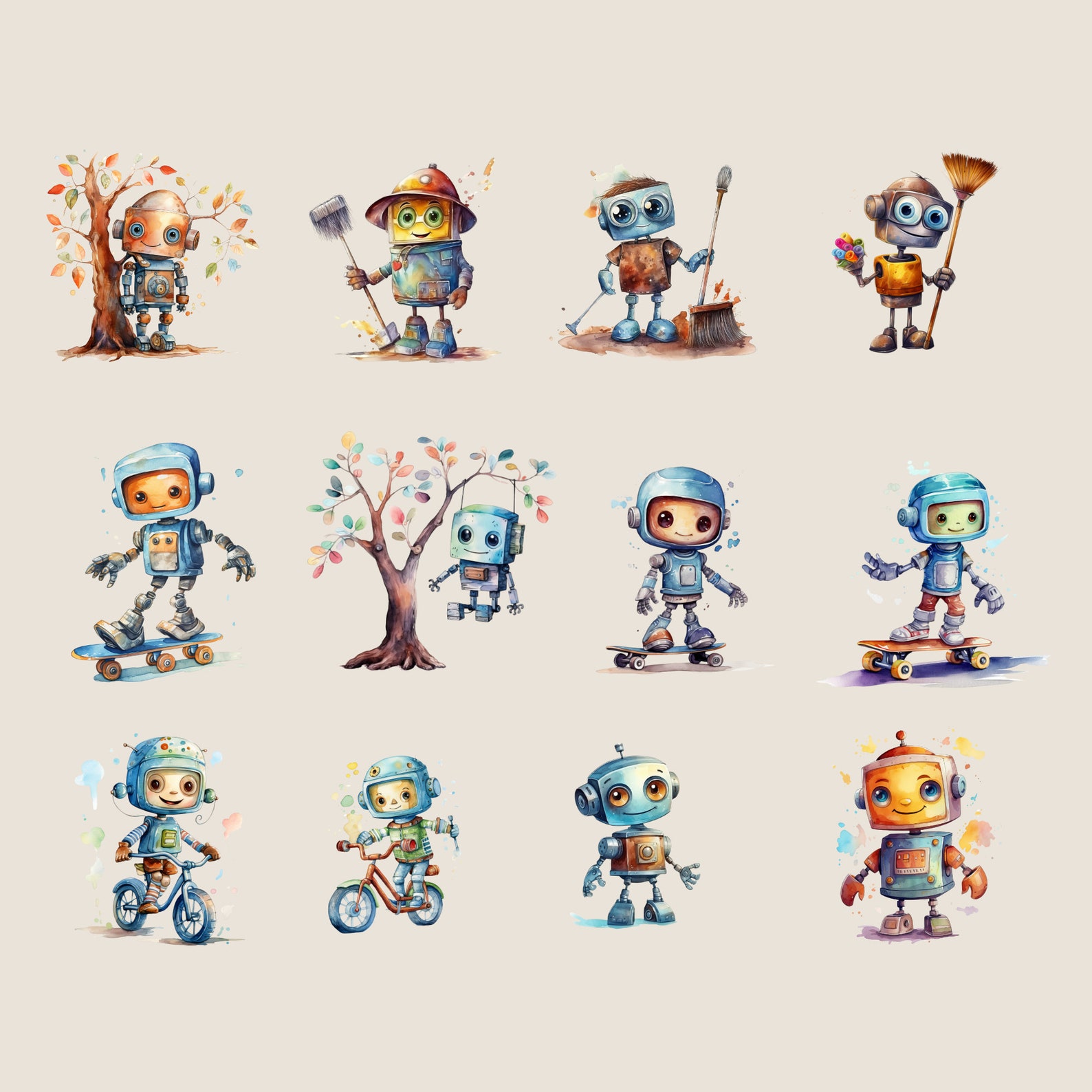 Cute Little Robots Clipart Watercolor Cartoon Robot High Quality Pngs ...