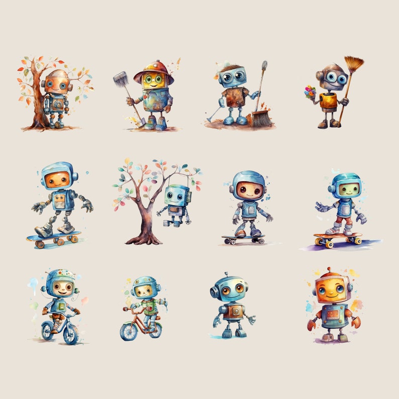 Cute Little Robots Clipart - Watercolor Cartoon Robot - High Quality ...