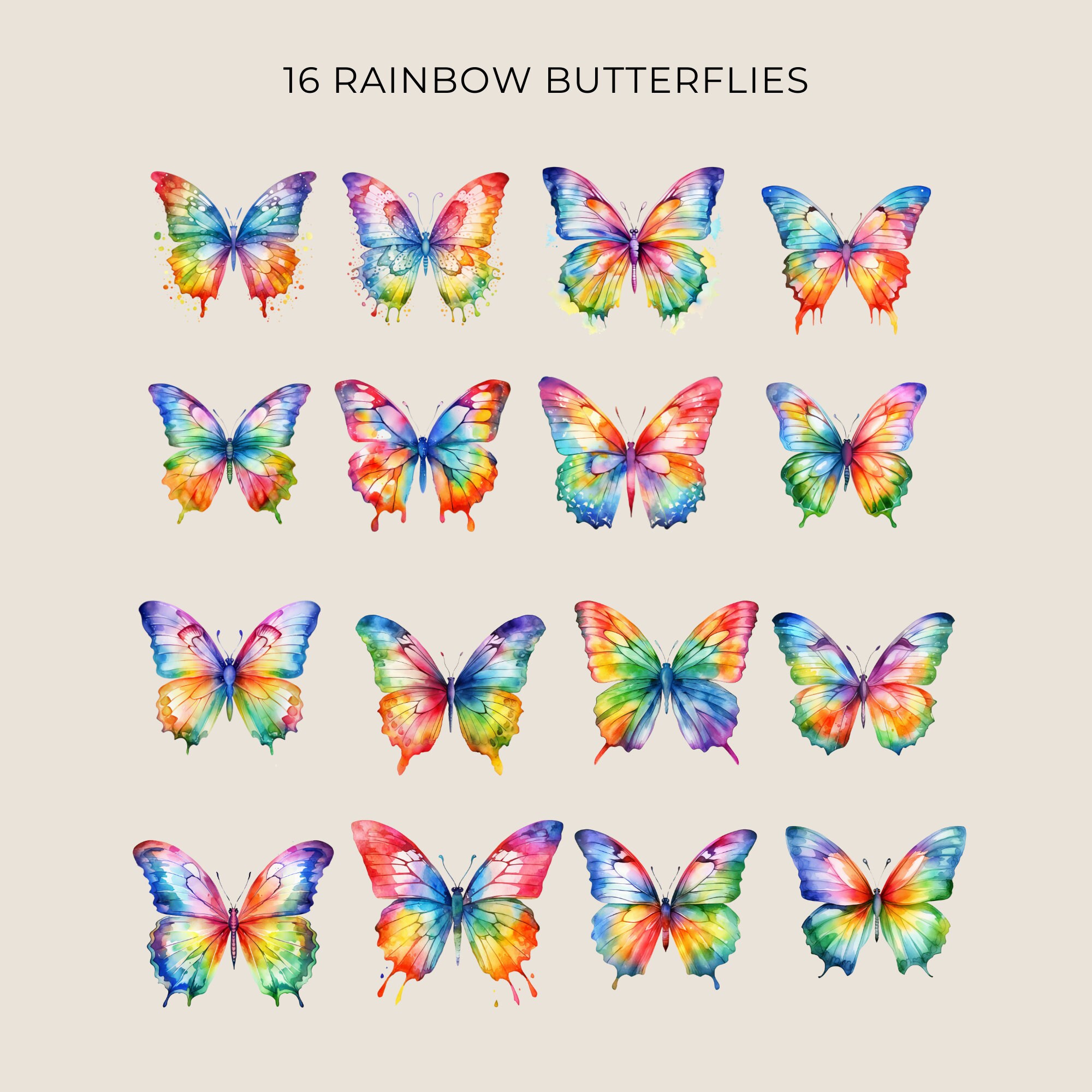 Watercolor Butterfly Clipart Bundle: Rainbow PNG Graphics (commercial ...
