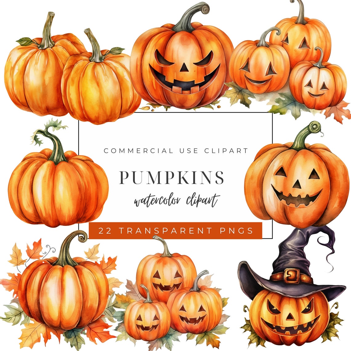 Watercolor Halloween Pumpkin Clipart: Spooky Jack O Lantern Pngs ...