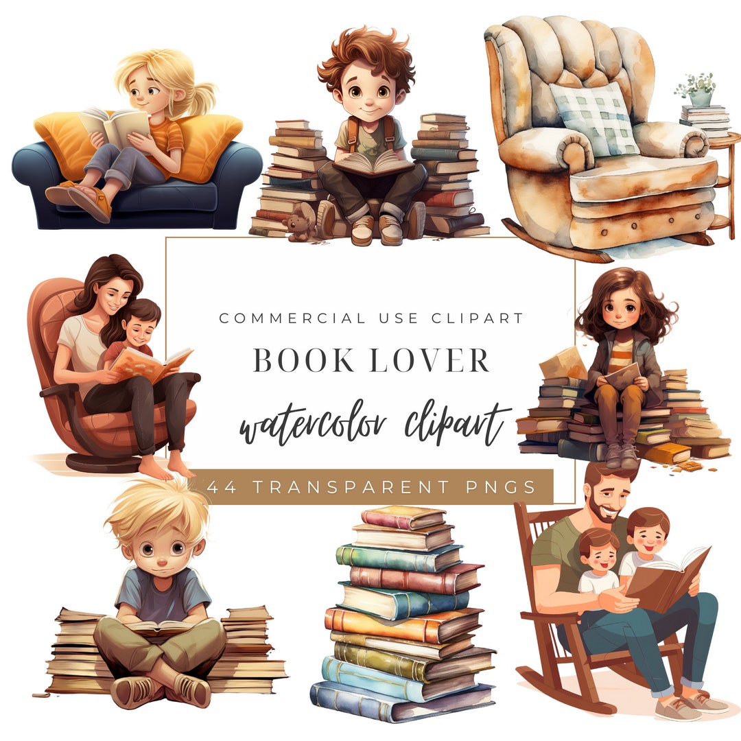 Book Lovers Watercolor Clipart Bundle, Transparent Background, Cozy ...