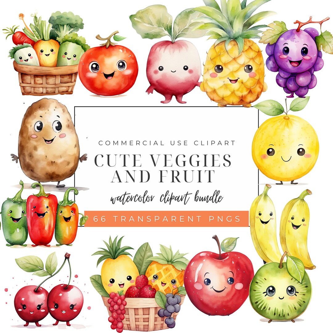 Watercolor Fruit and Vegetable Clipart - Food Clipart - Happy Fruit ...