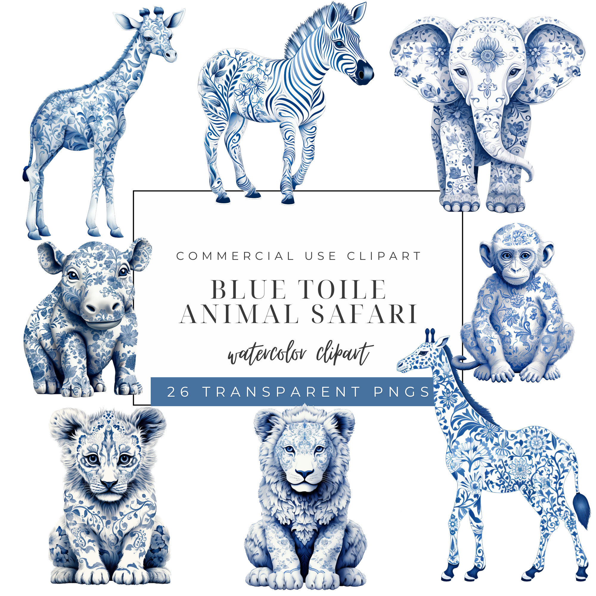 Blue Toile Clipart Safari Animals - Watercolor Toile De Jouy Clipart ...