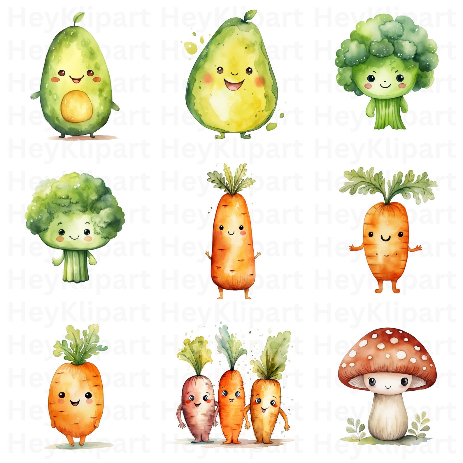 Watercolor Cute Veggies Clipart - Funny Vegetable PNG Images - Instant ...